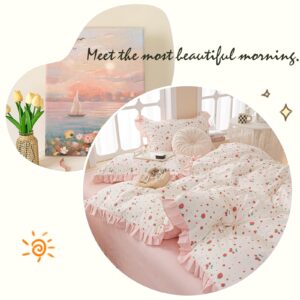 Kawaii Strawberry Comforter Set Twin XL Cute Ruffle Comforter with 2 Pillowcases Fluffy White Microfiber Kids Girls Bedding Comforter Strawberry Printed Ruffled Comforter Set for All Seasons Twin XL