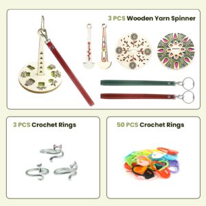 KHOCOEE Portable Wrist Yarn Holder Set, 3 PCS Wooden Yarn Spinner with 3 Crochet Rings & 50 Knitted Crochet for Carrying Yarn On The Go Knitting Supplies for Compilation Enthusiasts