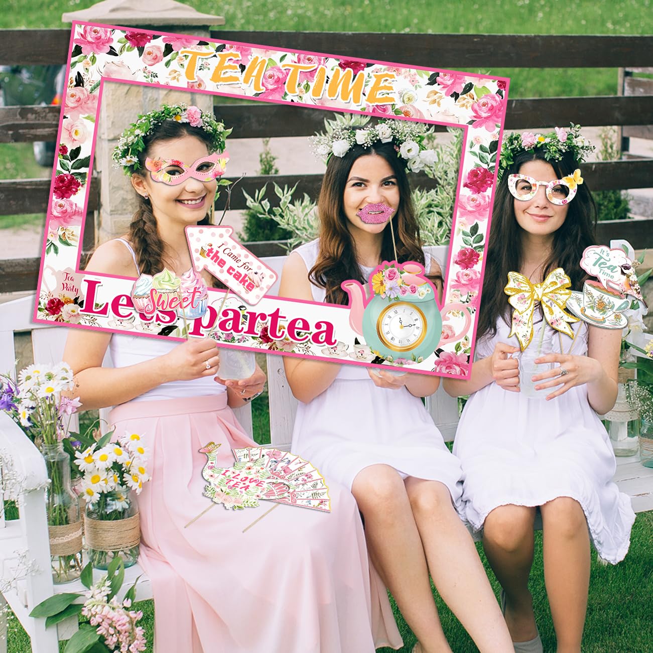 Tea Party Decorations, Floral Lets Partea Photo Booth Frame with 20 Pcs Tea Party Photo Booth Props Garden Party Decorations for Women Tea Party Theme Bridal Shower Birthday Party Supplies