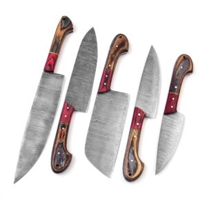 LEONA CRAFT® Custom Handmade Damascus Steel Chef Set Kitchen Knives with Leather Pouch 5 PCS Poplar Home Professional Knife Without Block Cool Blade Wood Handle Utensils Tops Tools Paring Knifes (010)