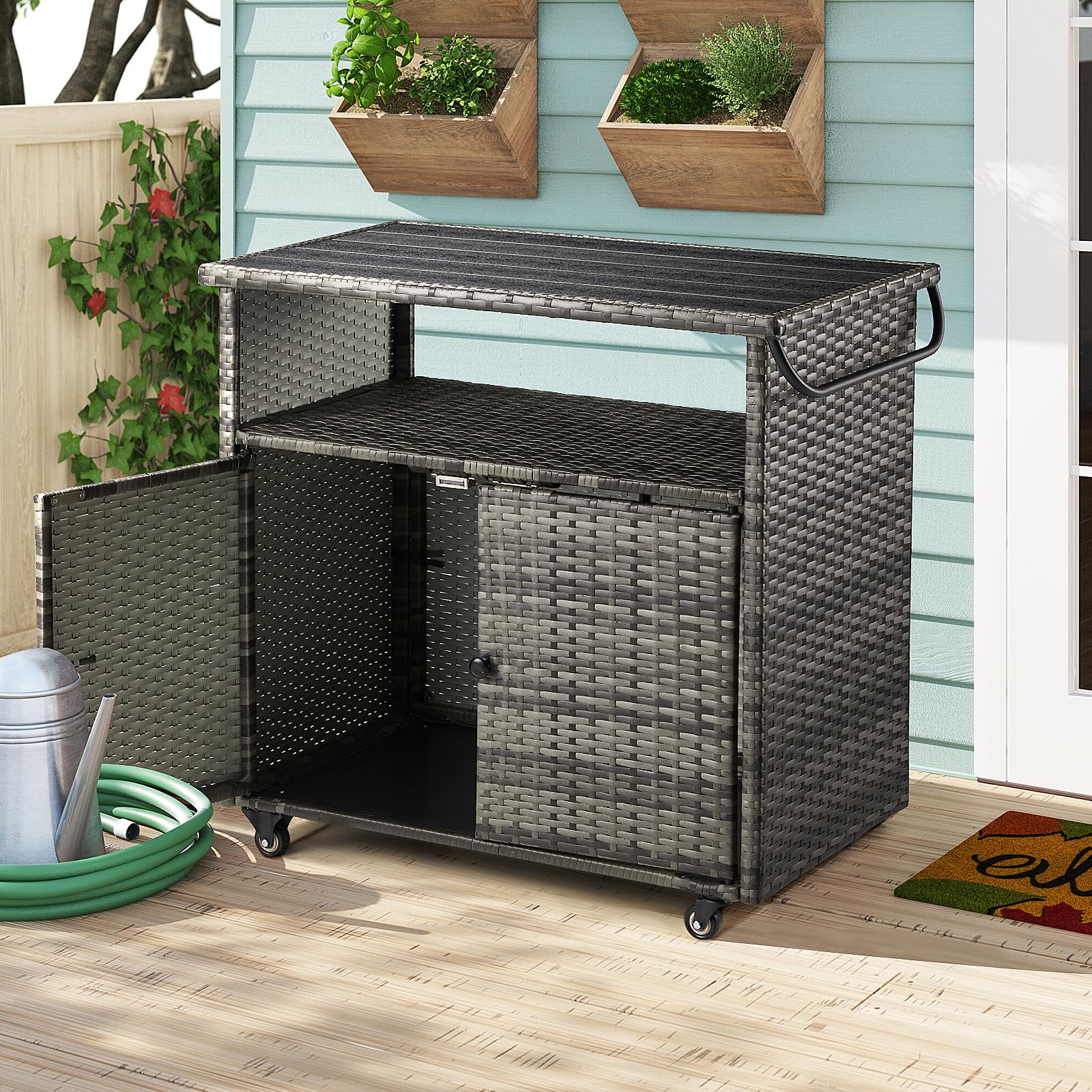 Danrelax Outdoor Storage Cabinet, Patio Storage Box with Handles, Waterproof Liner and 4 Universal Wheels, Fade-resistant PE Rattan Storage Box for Cushions, Gardening Tools, Outdoor Deck Box, Gray