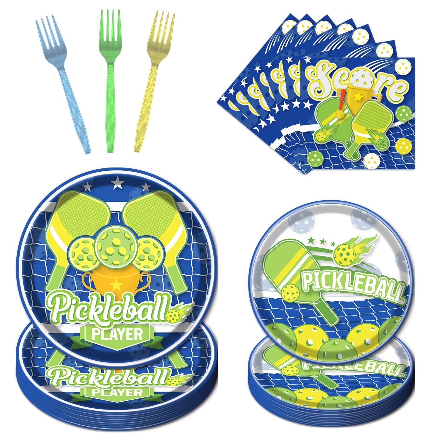 Rakuto Pickleball Party Plates Supplies - 96PCS Pickleball Player Themed Disposable Paper Plates Forks Napkins Tableware Set Pickleball Sports Baby Shower Birthday Party Decorations(24 Guests)