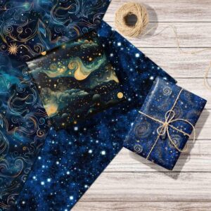 RiukRaiu Galaxy Wrapping Paper for Kids - Blue Gold Night Sky Nebula Star Gift Wrap for Birthday, Party, Holiday – 8 Folded Sheets 20 x 29 Inch, Easy to Store