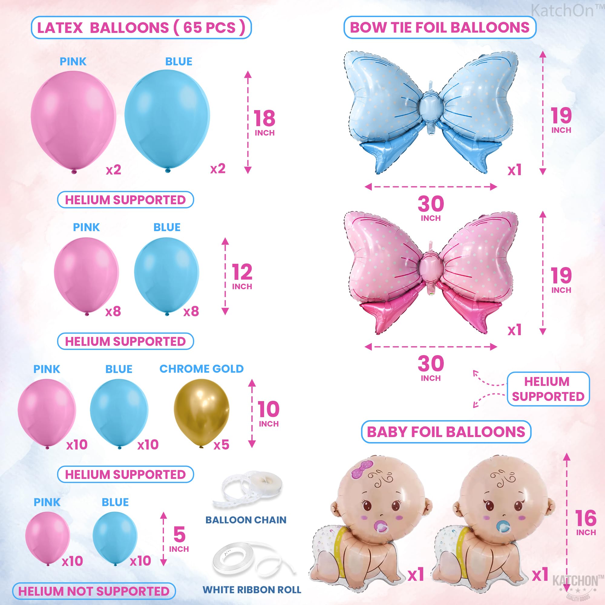 KatchOn, Gender Reveal Balloon Arch Kit - Pack of 70 | Pink and Blue Balloons for Gender Reveal Decorations | Baby Balloons, Bow Balloons | Boy or Girl Balloon, Boy or Girl Gender Reveal Decorations