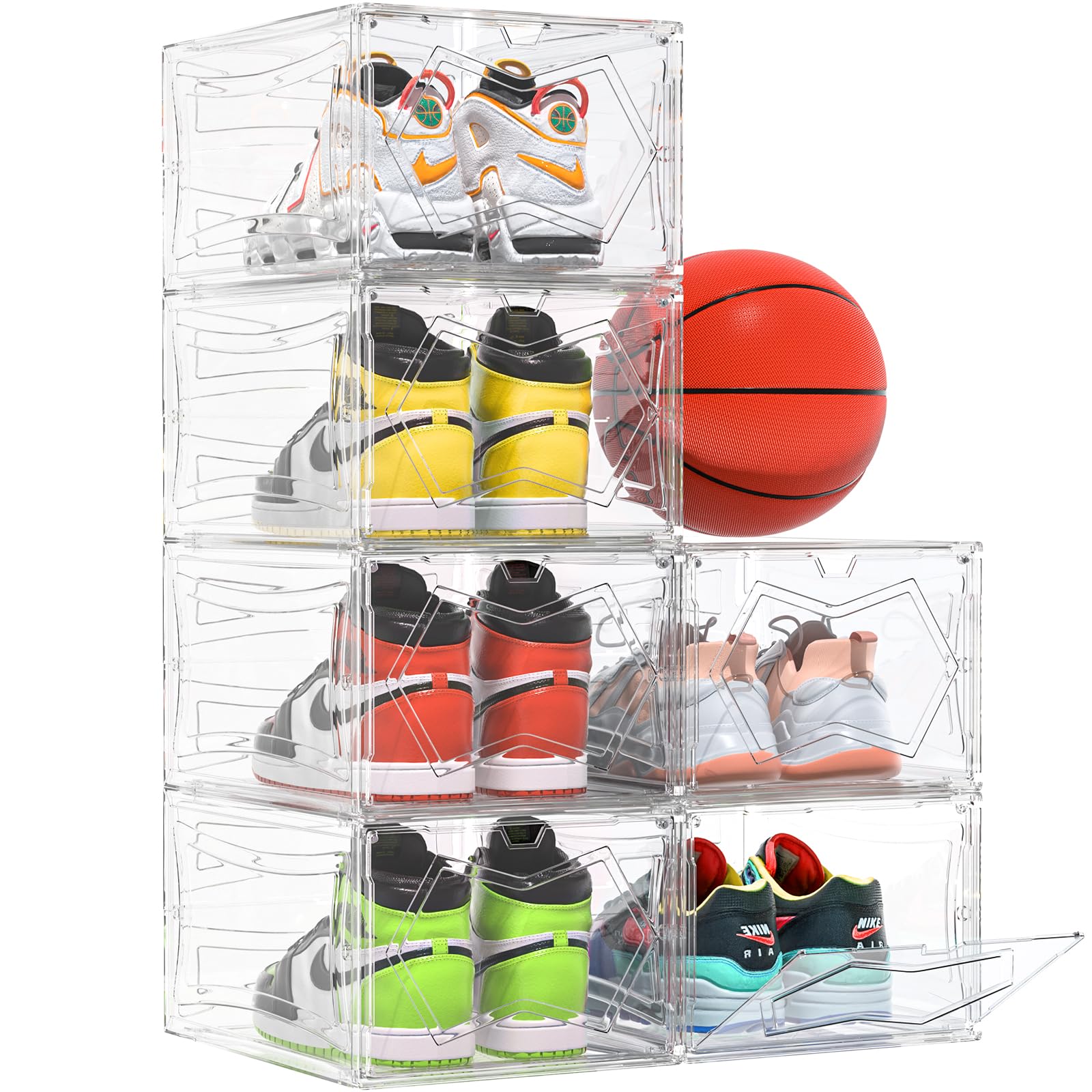 PRAKI Large Shoe Storage Boxes Organizer for Closet with Magnetic Door, 6 Pack Clear Stackable Shoe box for entryway, Space Saving Shoe Rack for Sneaker Boot Containers, 13.6 x 10.6 x 7.5 Inches