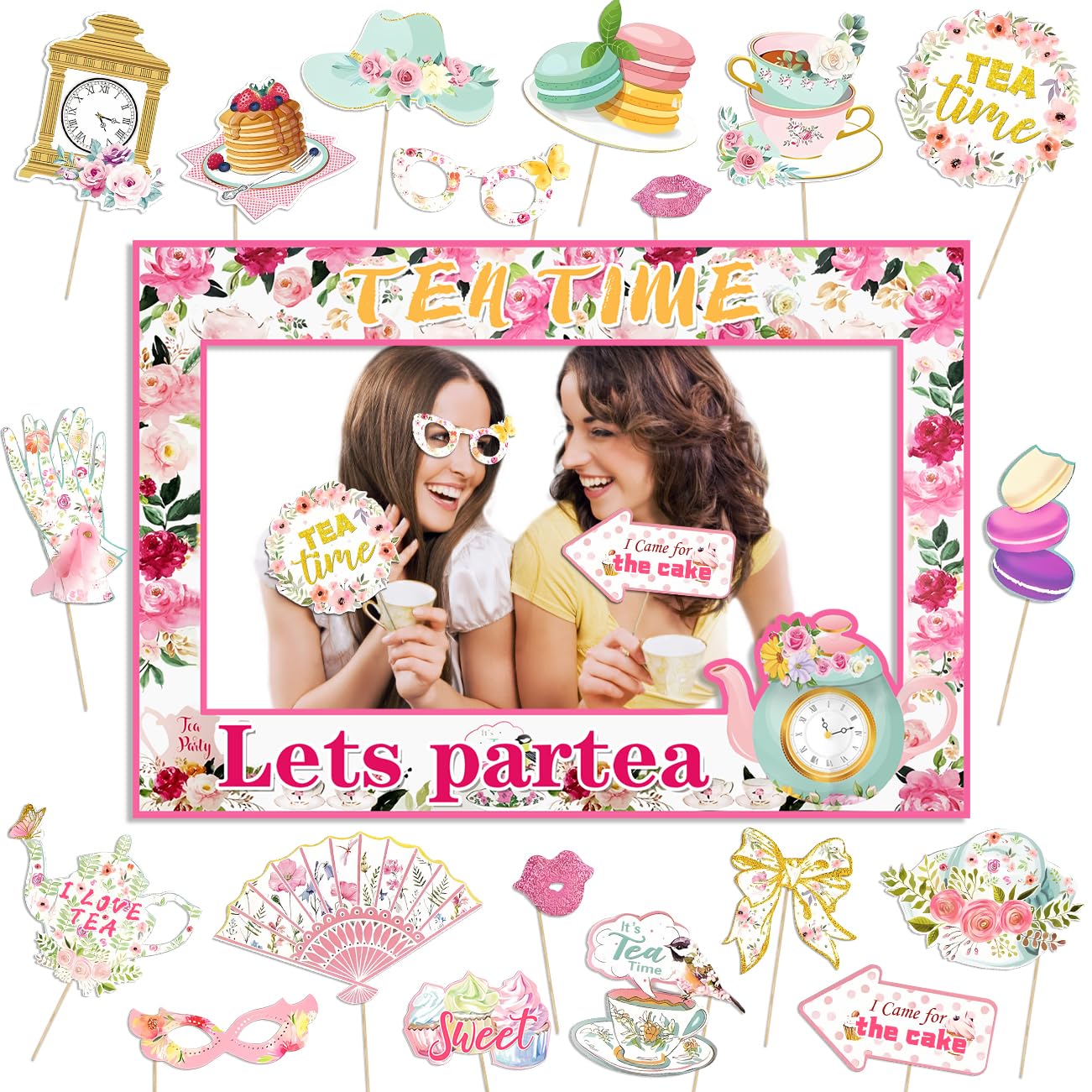 Tea Party Decorations, Floral Lets Partea Photo Booth Frame with 20 Pcs Tea Party Photo Booth Props Garden Party Decorations for Women Tea Party Theme Bridal Shower Birthday Party Supplies