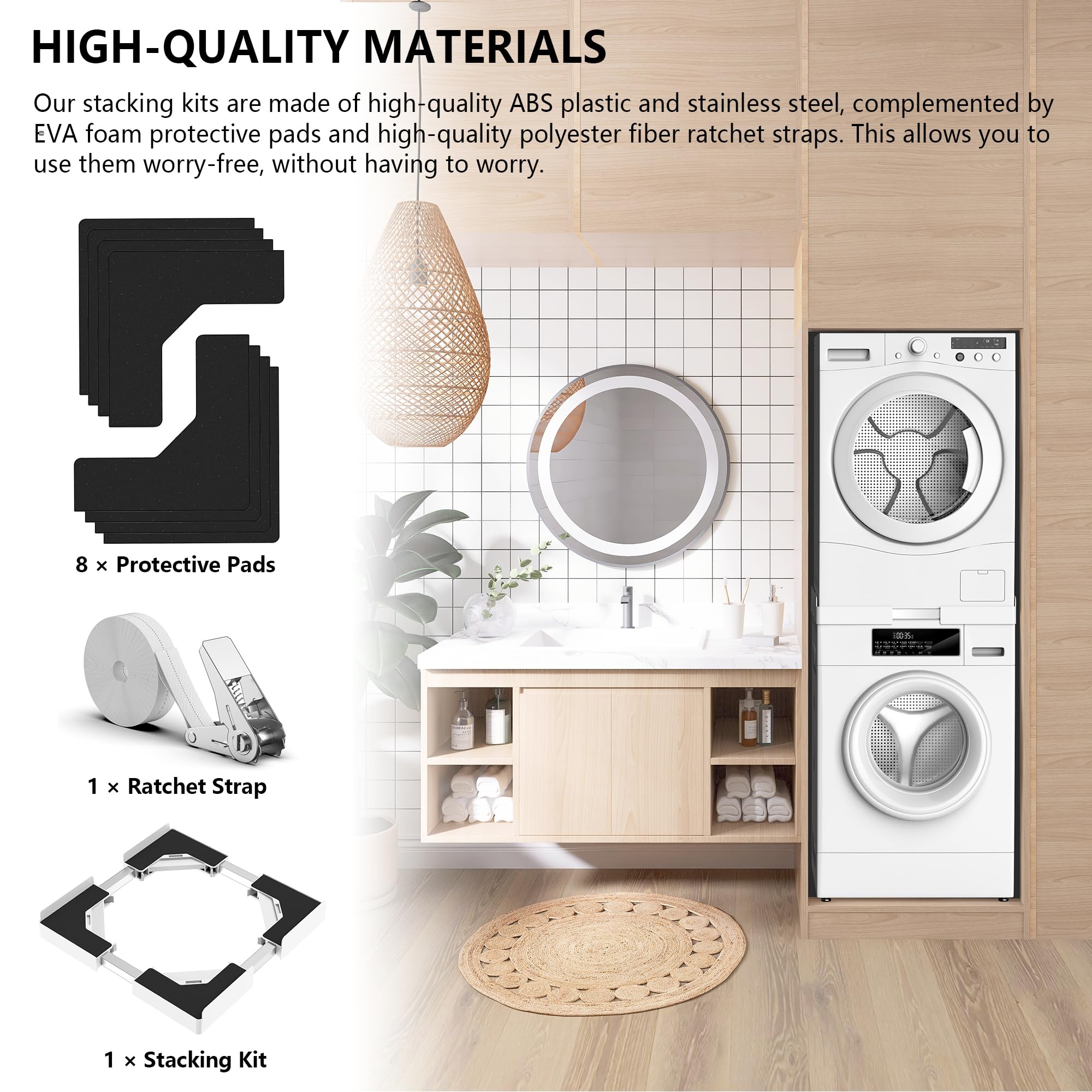 JHCHU Universal Stacking Kit for Washer and Dryer, Adjustable Frame Range 17-3/4" ~ 26-3/4" (45~68cm), Offering Solutions for Stacking Different Sizes of Washing Machine and Tumble Dryers