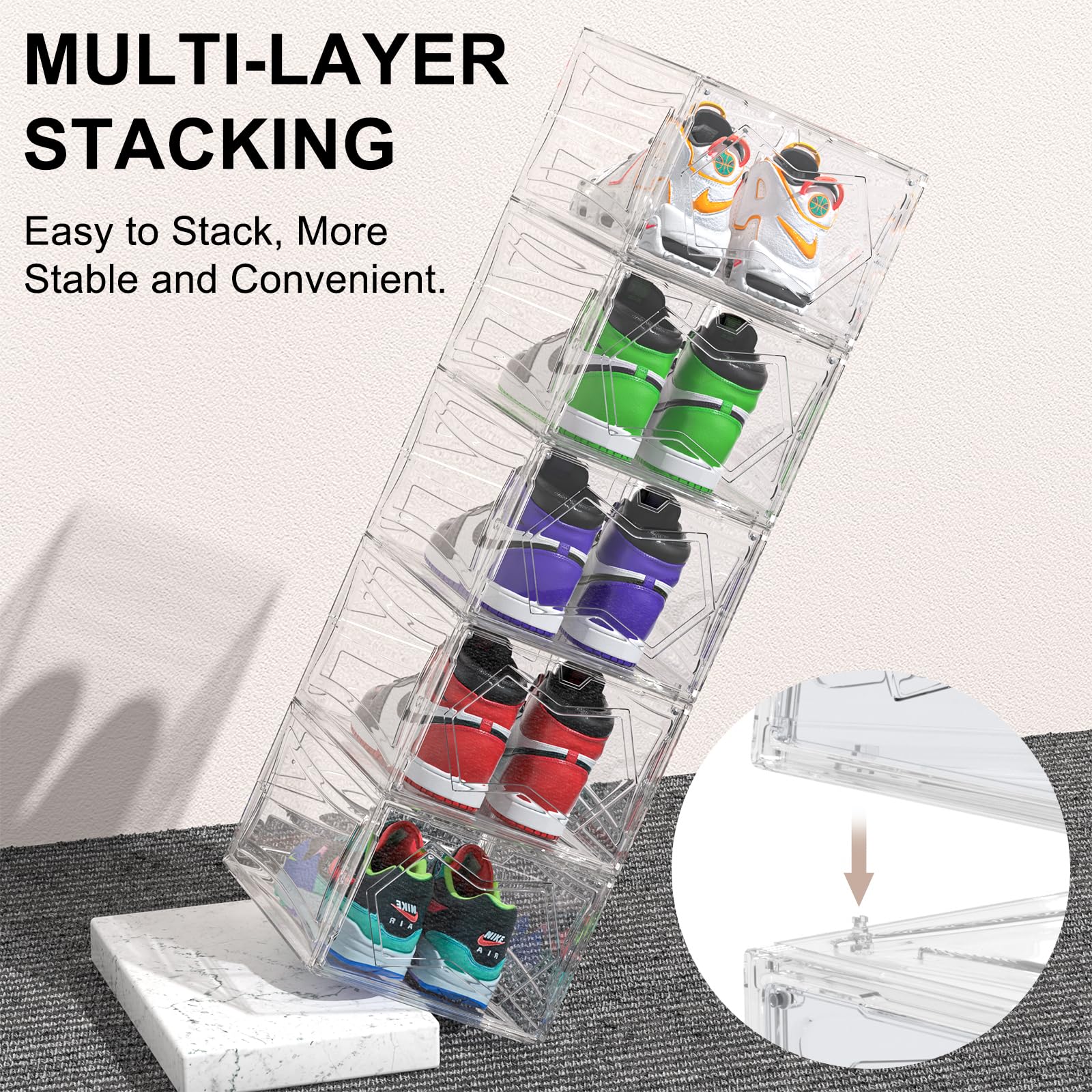 PRAKI Large Shoe Storage Boxes Organizer for Closet with Magnetic Door, 6 Pack Clear Stackable Shoe box for entryway, Space Saving Shoe Rack for Sneaker Boot Containers, 13.6 x 10.6 x 7.5 Inches