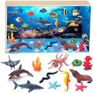 miniinflat 39 pcs ocean diorama kit sea creature toys bulk ocean sea animal figure toys realistic ocean animal figurines toy including shark, whale, corals, seagrass and more