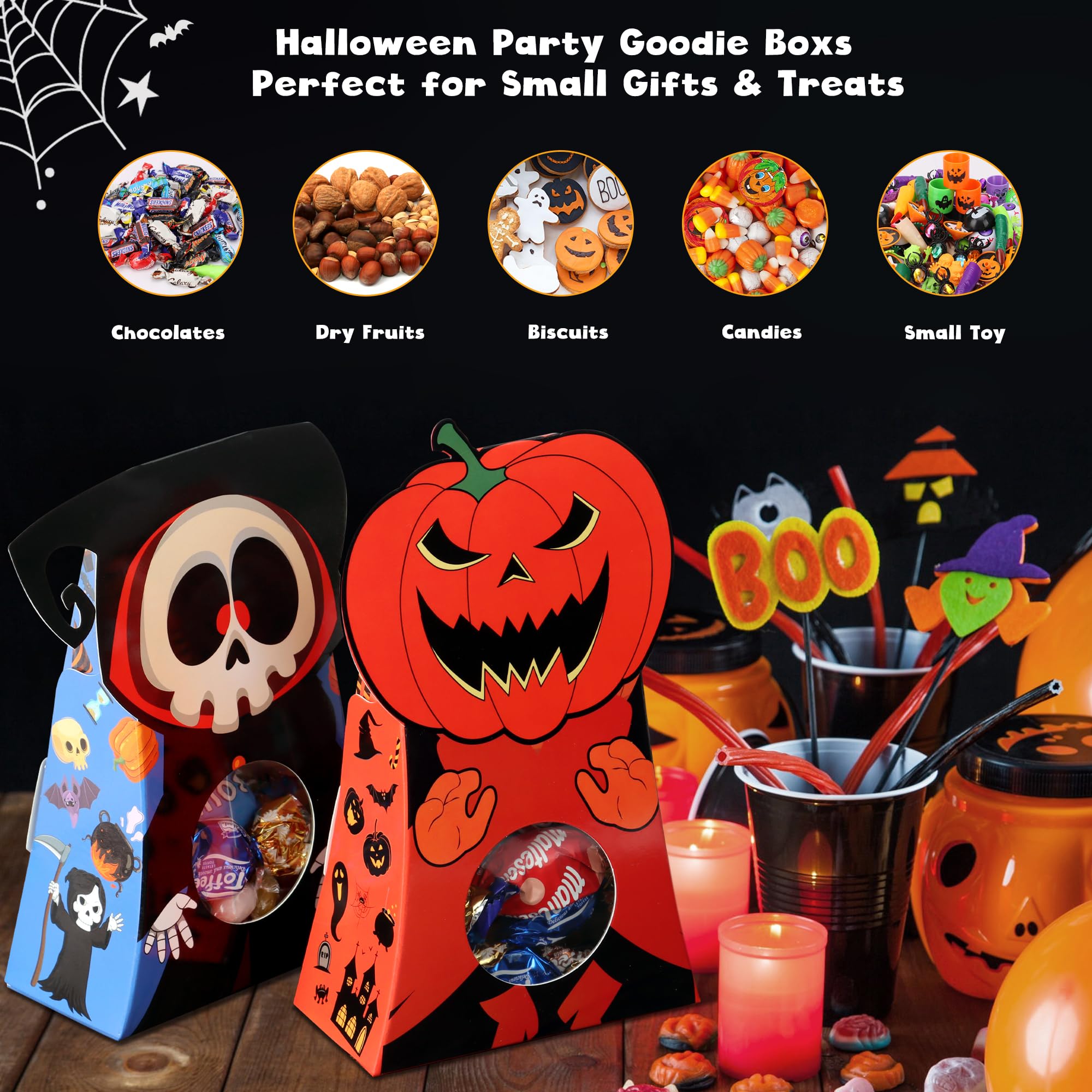 Halloween Treat Boxes Bulk-54pcs Halloween Goodies Candy Boxes with Window, Halloween Party Favors Candy Boxes Pack, Trick or Treat Cookies Box Gift Bags Set, Non-candy Treat Gift Boxes Bulk 9 Designs