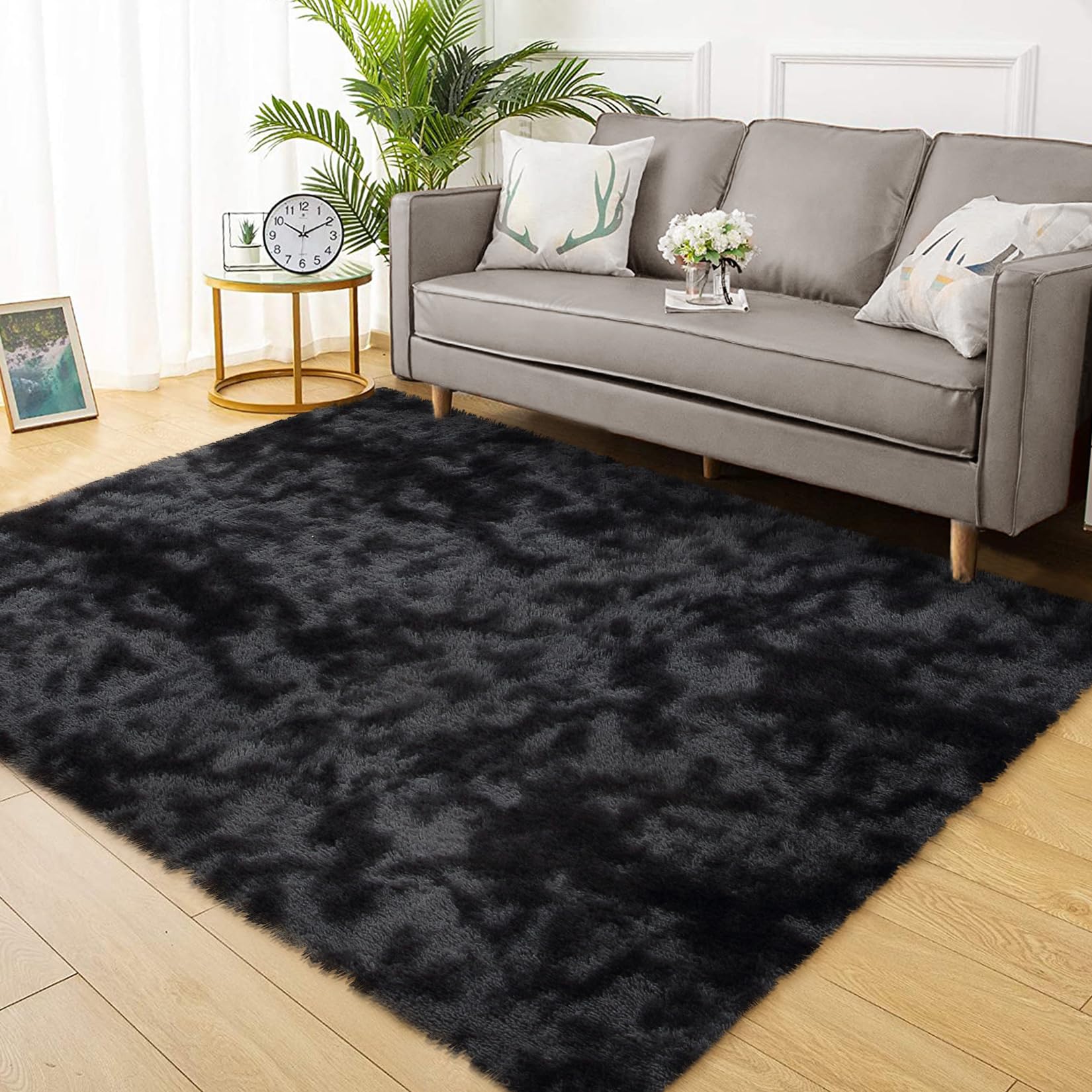 JOLENE.K Shag Rugs 10x13 Soft Plush Nursery Rug Tie Dyed Aesthetic Carpet for Living Room Non Shedding Bedroom Rugs Fluffy Neutral Office Rug Furry Indoor Throw Rugs Tie Dye Black Grey