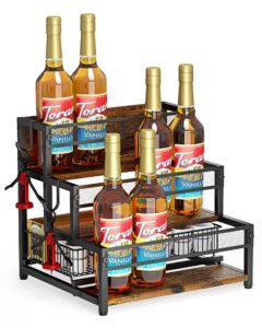 loteyike 3 tier coffee syrup rack organizer, 12 water bottles holder stand liquor cabinet storage shelves, wine rack countertop storage rack coffee bar cabinet for kitchen