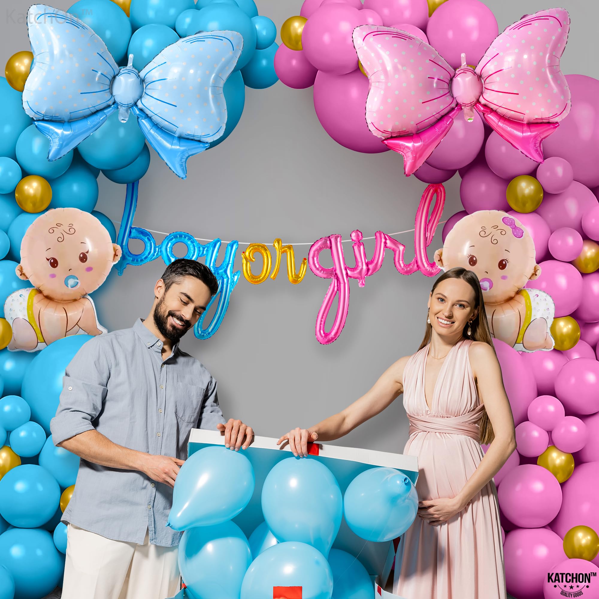 KatchOn, Gender Reveal Balloon Arch Kit - Pack of 70 | Pink and Blue Balloons for Gender Reveal Decorations | Baby Balloons, Bow Balloons | Boy or Girl Balloon, Boy or Girl Gender Reveal Decorations