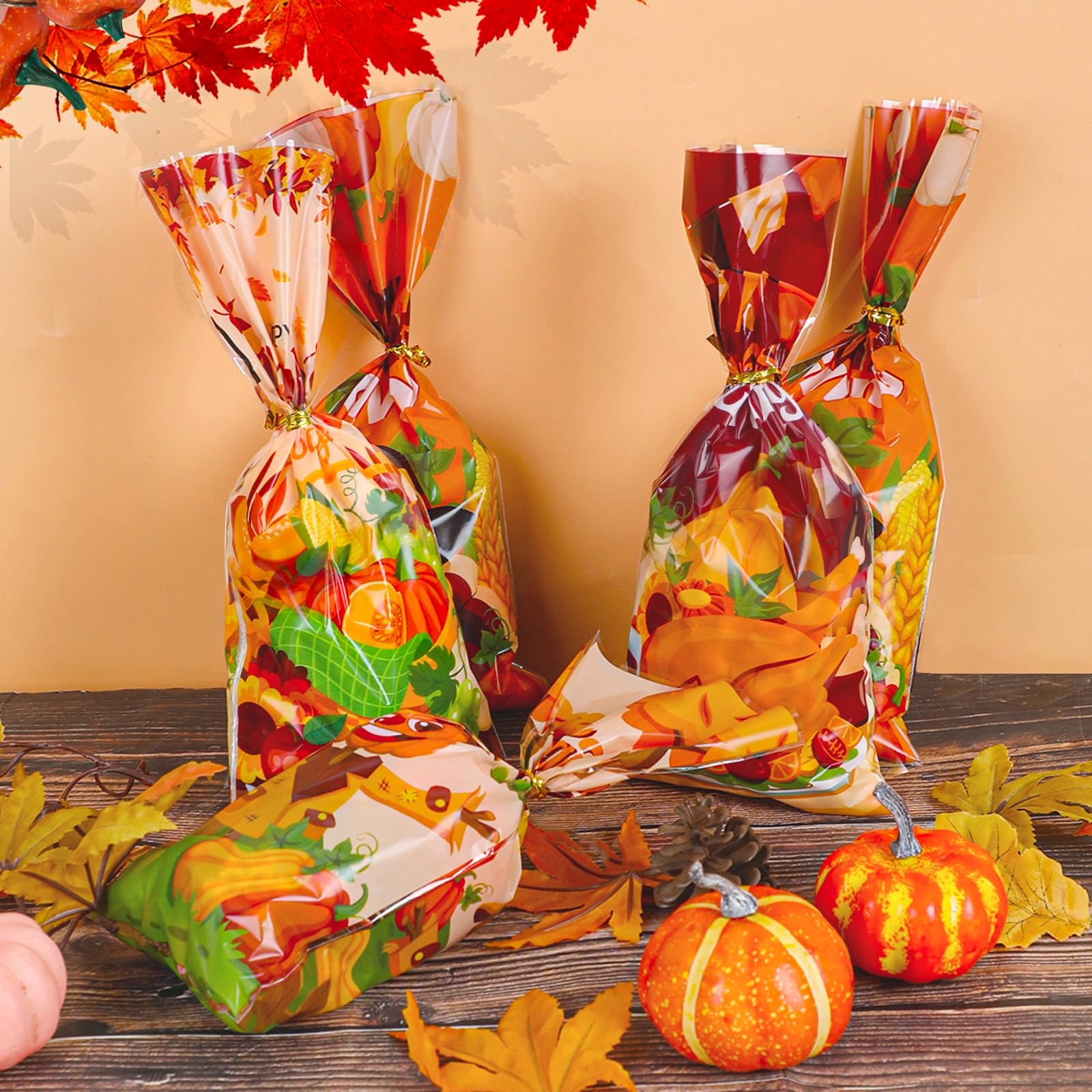 DERAYEE Thanksgiving Treat Bags, 180 Pcs Fall Cellophane Candy Bags Maple Leaves Turkey Pumpkin Goodie Gift Bags for Thanksgiving Party Supplies