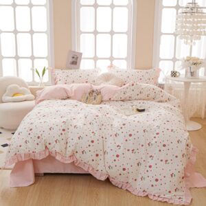 kawaii strawberry comforter set twin xl cute ruffle comforter with 2 pillowcases fluffy white microfiber kids girls bedding comforter strawberry printed ruffled comforter set for all seasons twin xl