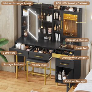 AOGLLATI Black Makeup Vanity with Lights and Jewelry Cabinet, Vanity Desk with Mirror and Lights, Vanity Table with Charging Station,Led Lights, Hidden and Open Storage Shelves