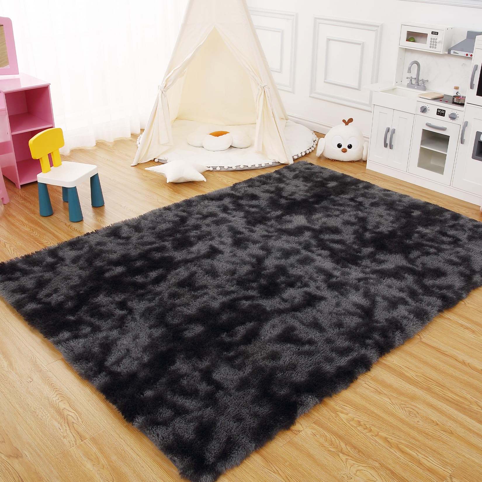 JOLENE.K Shag Rugs 10x13 Soft Plush Nursery Rug Tie Dyed Aesthetic Carpet for Living Room Non Shedding Bedroom Rugs Fluffy Neutral Office Rug Furry Indoor Throw Rugs Tie Dye Black Grey