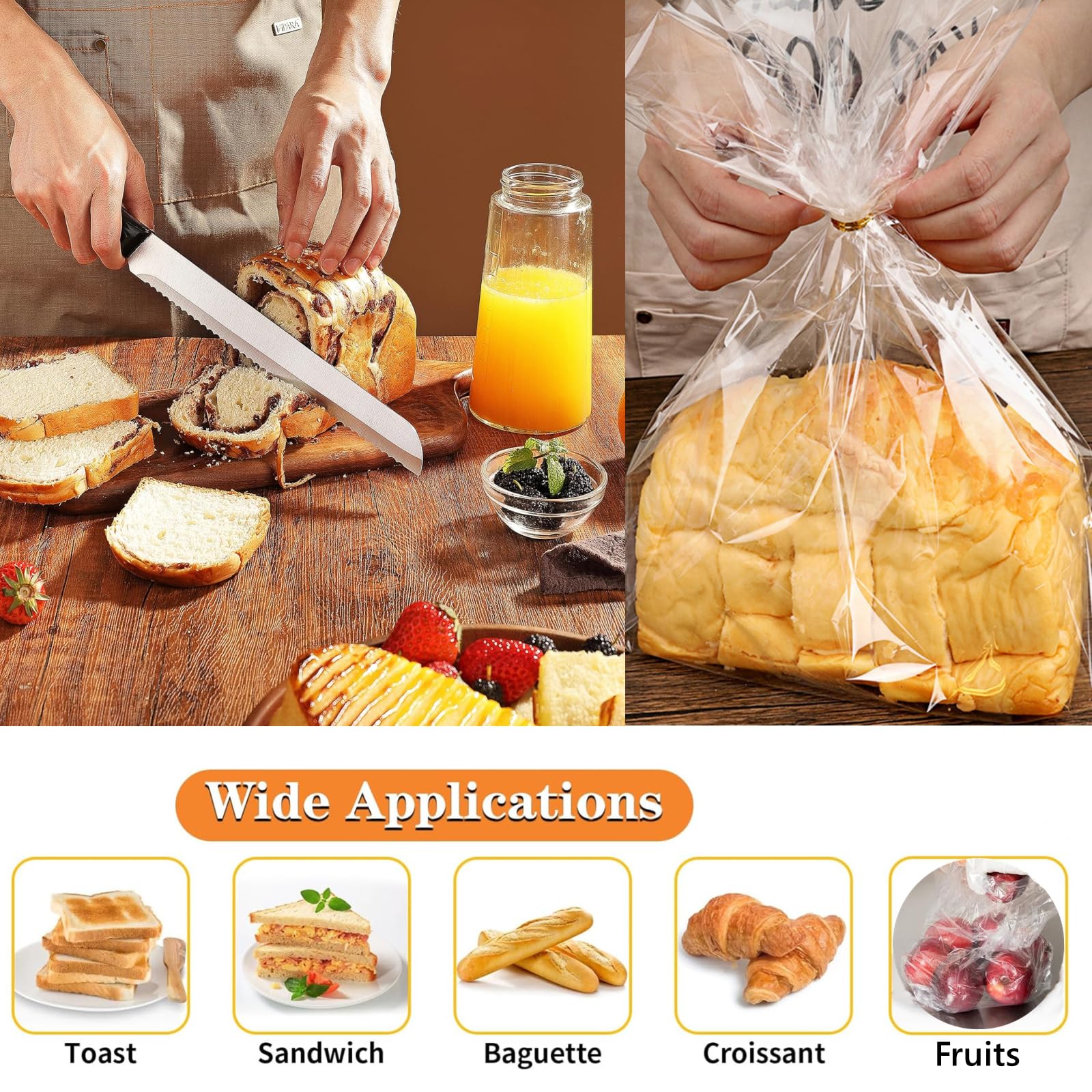 Reusable Plastic Bread Bags for Homemade, 52Packs Bakery Loaf Sourdough Large Clear Bag with Ties For Airtight Moisture, Poly Storage Bag + Bread Slicer Toast Cutting Guide + 8" Serrated Bread Knife