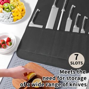 lelezone Knife Roll, Chef Knife Bag, Waxed Canvas Heavy Duty Knife Pouch with 7 Slots, Knife Bags for Chefs Professional with Knife Tip Protectors Tool Storage Roll for Kitchen Travel Camping (Black)