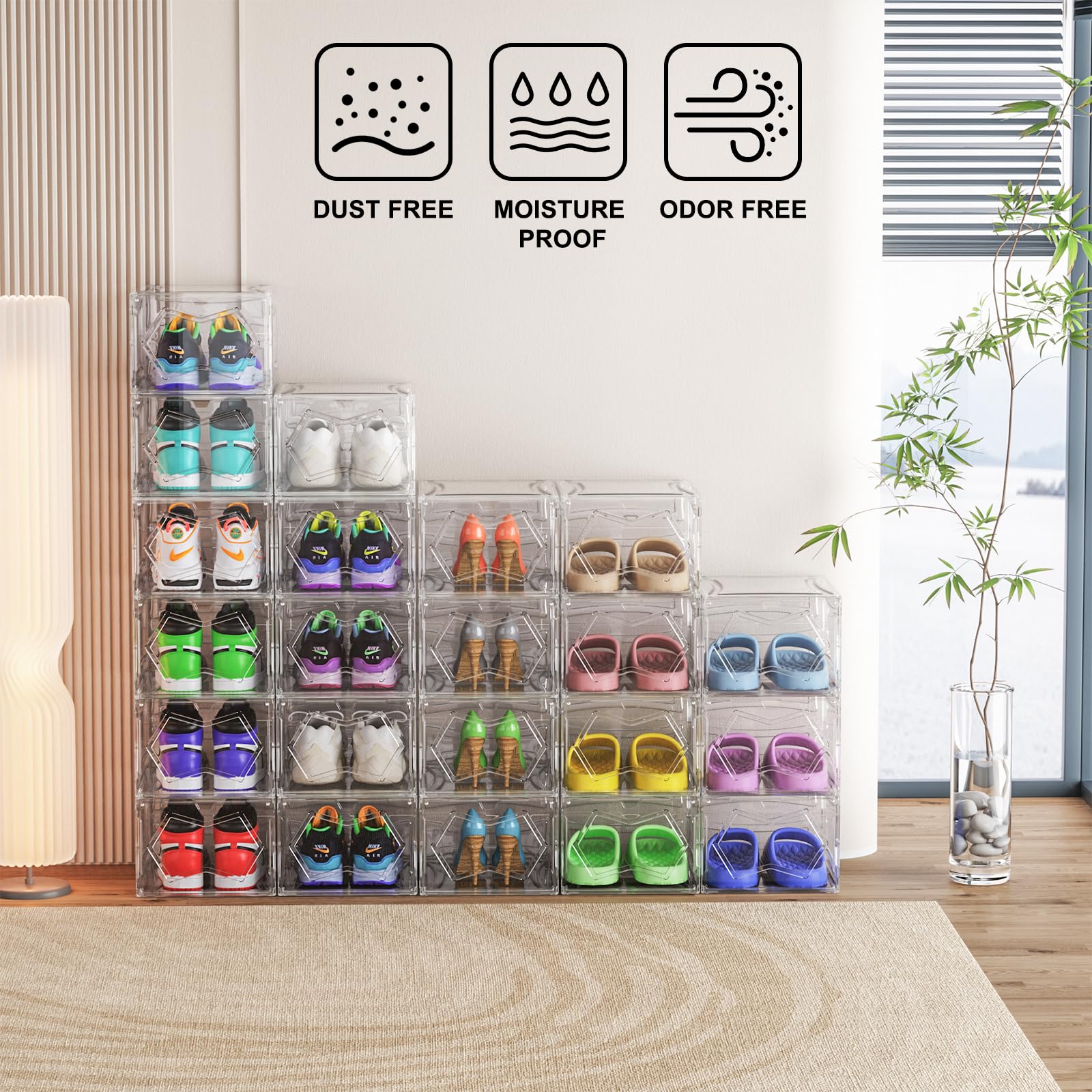 PRAKI Large Shoe Storage Boxes Organizer for Closet with Magnetic Door, 6 Pack Clear Stackable Shoe box for entryway, Space Saving Shoe Rack for Sneaker Boot Containers, 13.6 x 10.6 x 7.5 Inches