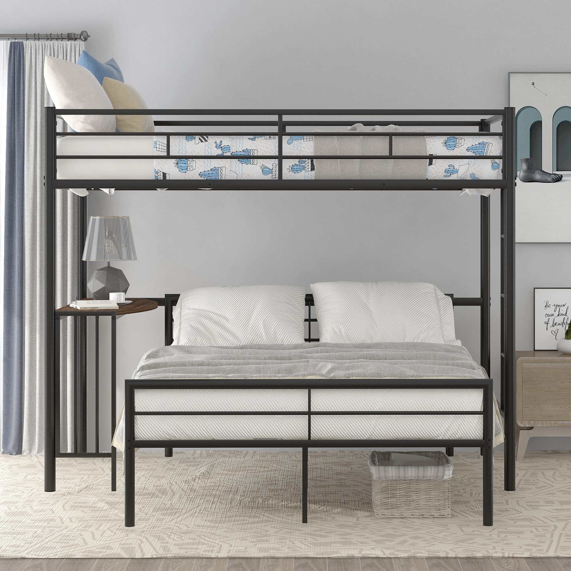 Twin Over Full Bunk Bed, Metal L-Shaped Bunk Bed Frame with Desk, Guardrail and Ladder, Space Saving Bed for Boys Girls, Convertible Into Twin Loft Bed & Full Platform Bed, Noise Free, Black