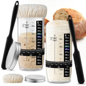 glass sourdough starter jar 2 pack, 24 oz wide mouth organic sourdough starter kit with date marked band, thermometer, cloth cover & metal lid, reusable bread baking supplies, bread making accessories