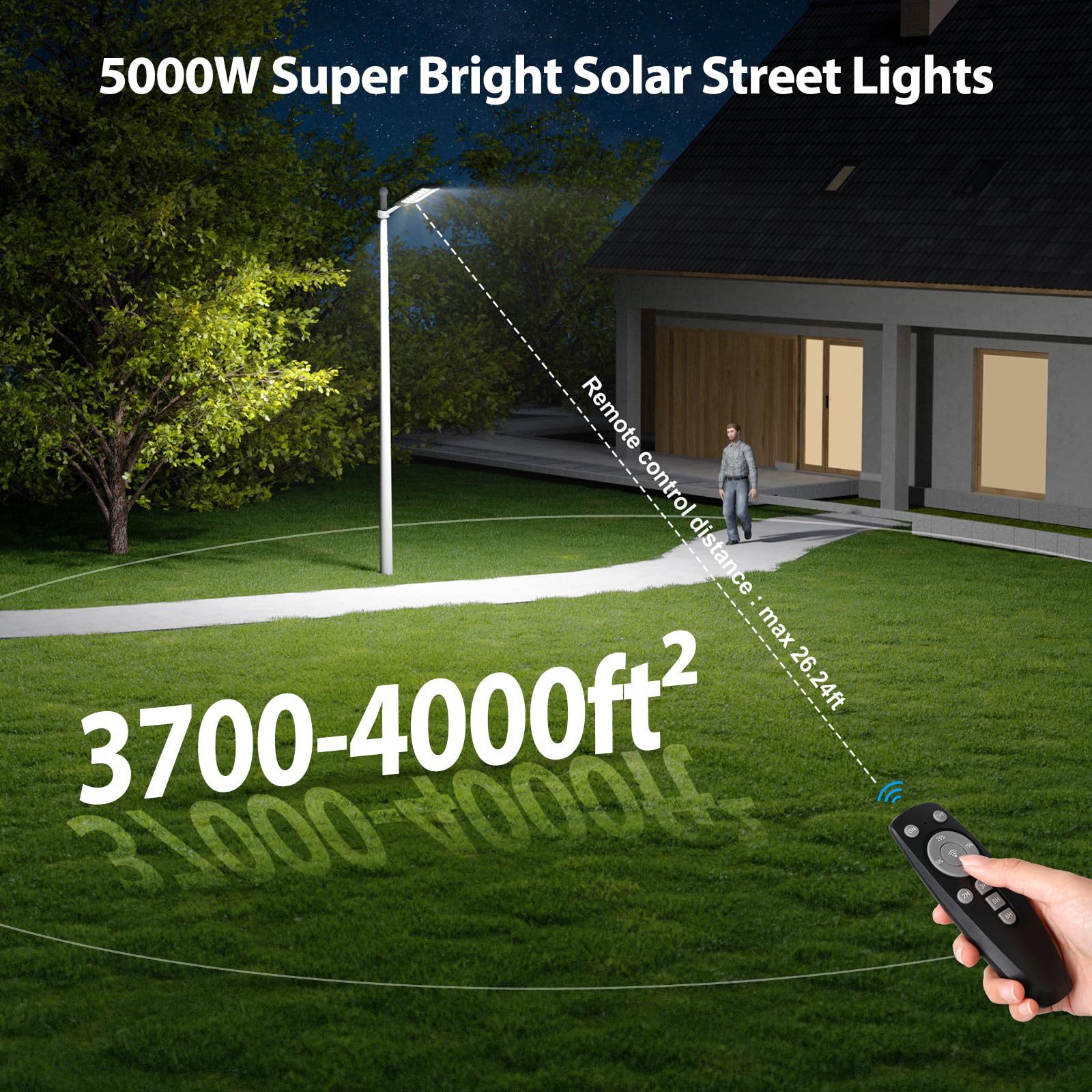 5000W Street Lights Solar Powered, 5000000LM Solar Street Lights for Outside, 2700K/4200K/6500K Dimmable Solar Street Lights Outdoor Waterproof IP66 Dusk to Dawn for Parking Lot, Pole, Garden, Yard