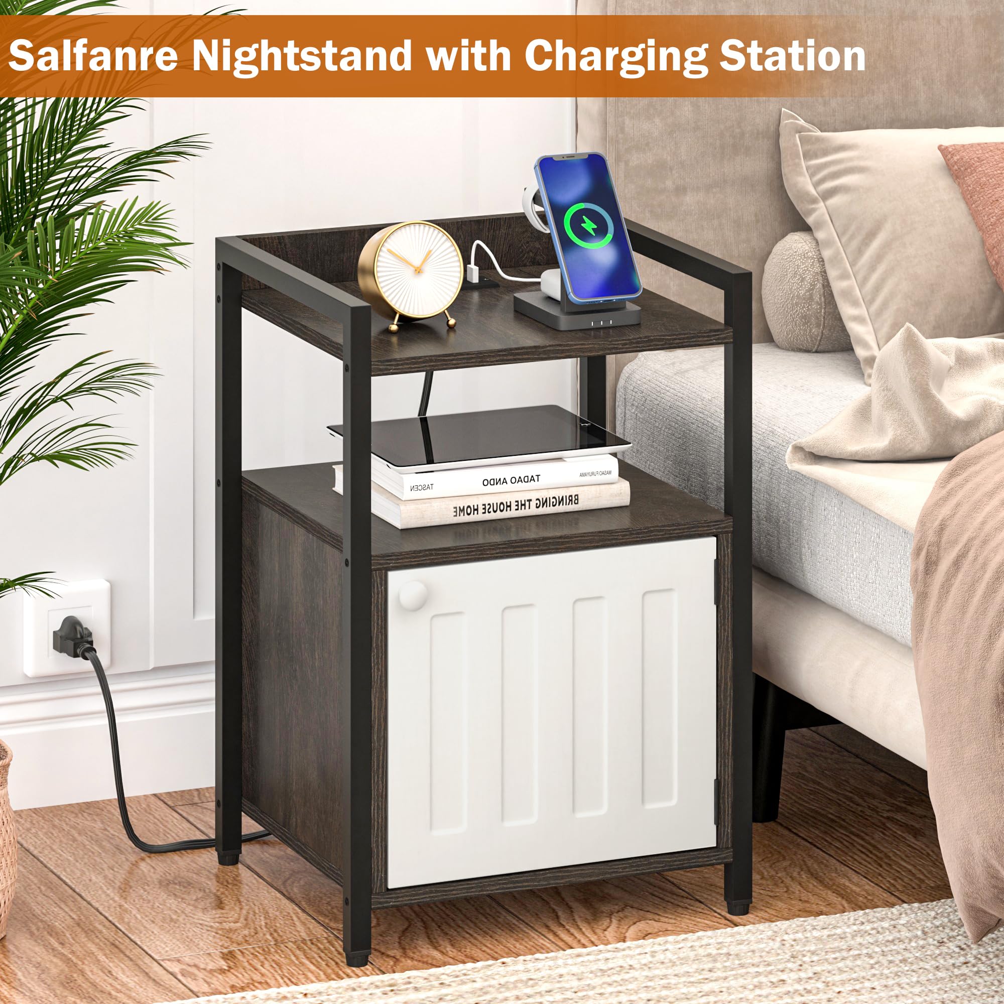 Salfanre Nightstand with Charging Station, End Table, Side Table, Bedside Table, with USB Ports and Outlets, Brown and White