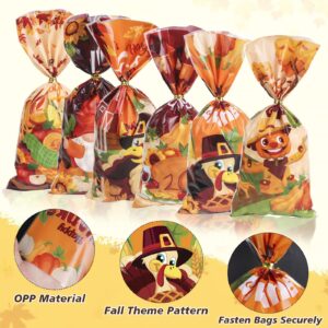 DERAYEE Thanksgiving Treat Bags, 180 Pcs Fall Cellophane Candy Bags Maple Leaves Turkey Pumpkin Goodie Gift Bags for Thanksgiving Party Supplies