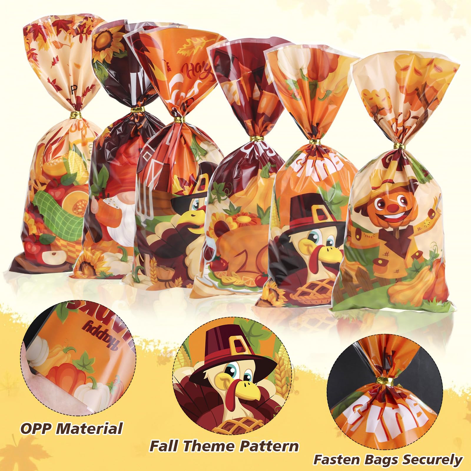 DERAYEE Thanksgiving Treat Bags, 180 Pcs Fall Cellophane Candy Bags Maple Leaves Turkey Pumpkin Goodie Gift Bags for Thanksgiving Party Supplies