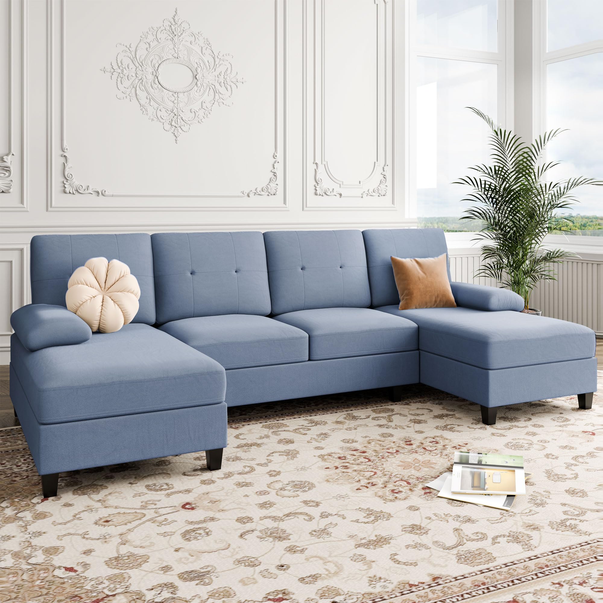 Shintenchi Sectional Couches for Living Room, U Shaped Sofa Couch with Double Chaise, 4-Seat Living Room Furniture Sets with Soft Cushion & Linen Fabric, Blue