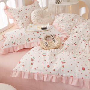 Kawaii Strawberry Comforter Set Twin XL Cute Ruffle Comforter with 2 Pillowcases Fluffy White Microfiber Kids Girls Bedding Comforter Strawberry Printed Ruffled Comforter Set for All Seasons Twin XL