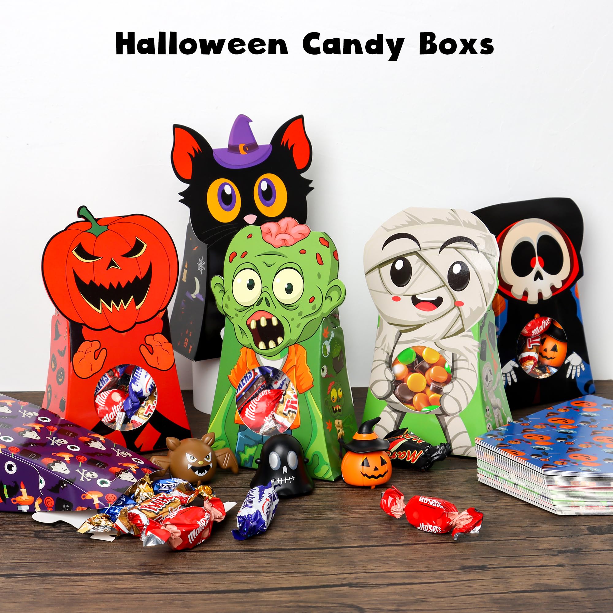 Halloween Treat Boxes Bulk-54pcs Halloween Goodies Candy Boxes with Window, Halloween Party Favors Candy Boxes Pack, Trick or Treat Cookies Box Gift Bags Set, Non-candy Treat Gift Boxes Bulk 9 Designs