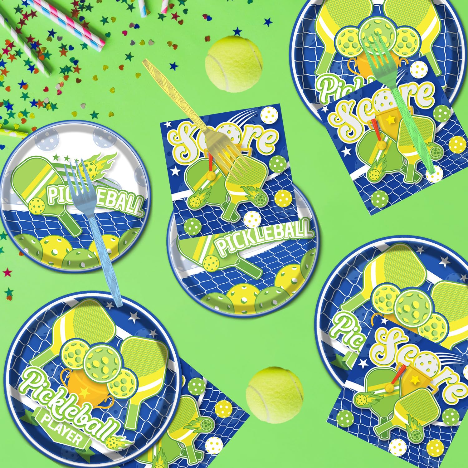 Rakuto Pickleball Party Plates Supplies - 96PCS Pickleball Player Themed Disposable Paper Plates Forks Napkins Tableware Set Pickleball Sports Baby Shower Birthday Party Decorations(24 Guests)