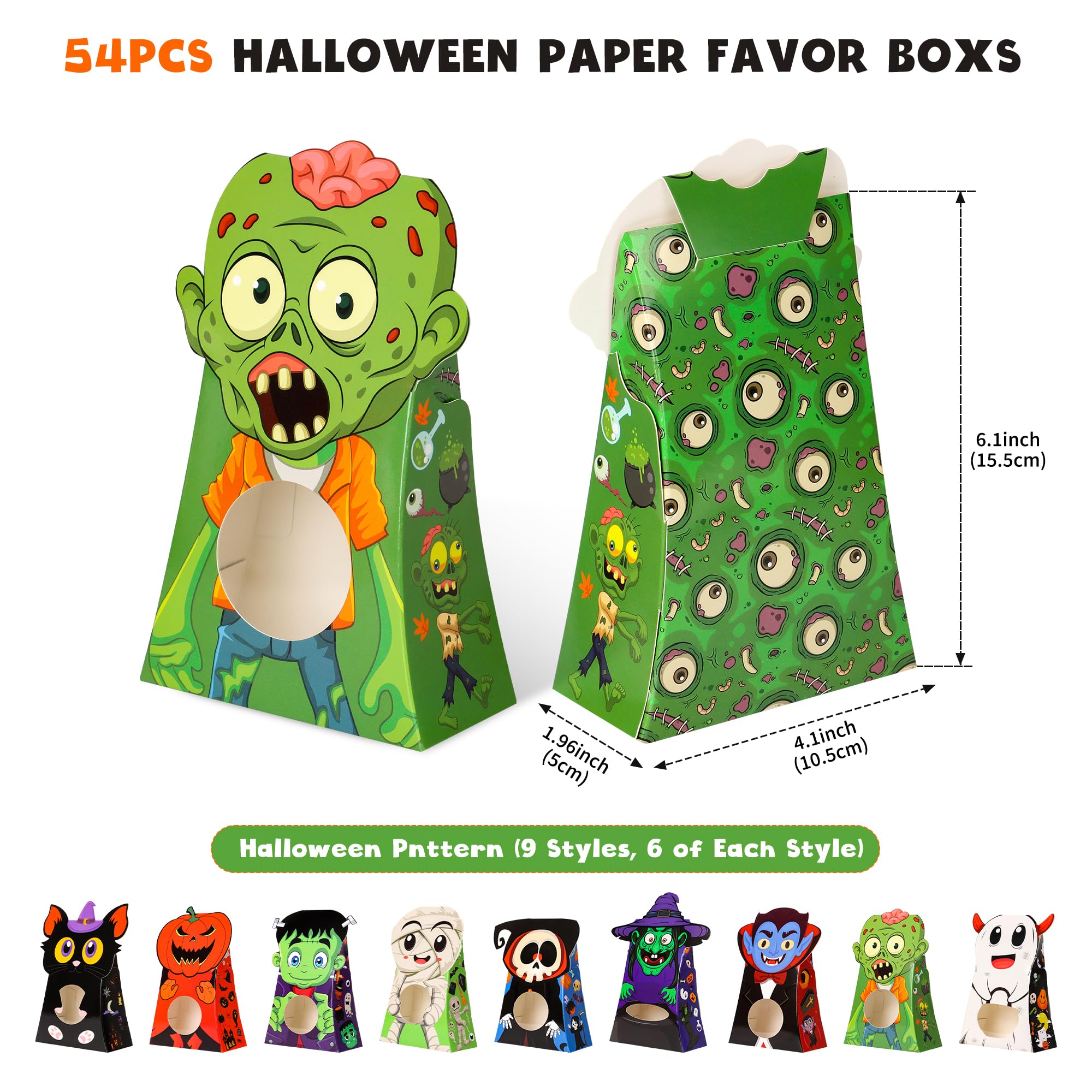 Halloween Treat Boxes Bulk-54pcs Halloween Goodies Candy Boxes with Window, Halloween Party Favors Candy Boxes Pack, Trick or Treat Cookies Box Gift Bags Set, Non-candy Treat Gift Boxes Bulk 9 Designs