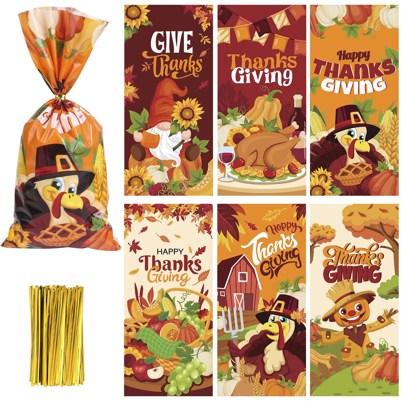 DERAYEE Thanksgiving Treat Bags, 180 Pcs Fall Cellophane Candy Bags Maple Leaves Turkey Pumpkin Goodie Gift Bags for Thanksgiving Party Supplies