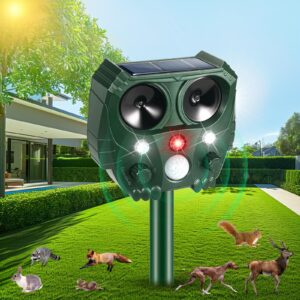 upgraded ultrasonic animal repeller outdoor solar animal repeller with motion sensor and deterrent light to scare raccoon cat squirrel skunk rabbit dog deer repellent devices for yard protection