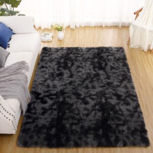 JOLENE.K Shag Rugs 10x13 Soft Plush Nursery Rug Tie Dyed Aesthetic Carpet for Living Room Non Shedding Bedroom Rugs Fluffy Neutral Office Rug Furry Indoor Throw Rugs Tie Dye Black Grey