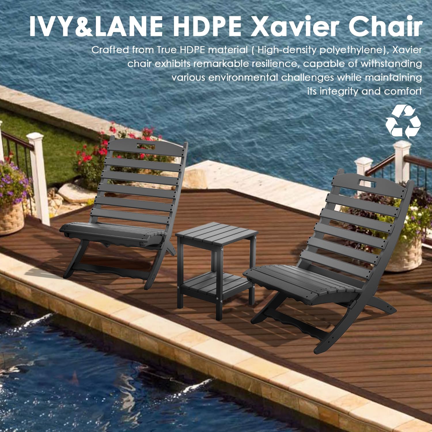 IVY&LANE Portable Xavier-Chairs Set of 2 | Folding-Adirondack-Chair | Wave | HDPE Plastic | Black | All-Weather Resistant | for Outdoor Fire-Pit Patio Lawn Beach Poolside