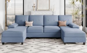 shintenchi sectional couches for living room, u shaped sofa couch with double chaise, 4-seat living room furniture sets with soft cushion & linen fabric, blue