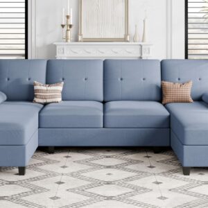 Shintenchi Sectional Couches for Living Room, U Shaped Sofa Couch with Double Chaise, 4-Seat Living Room Furniture Sets with Soft Cushion & Linen Fabric, Blue