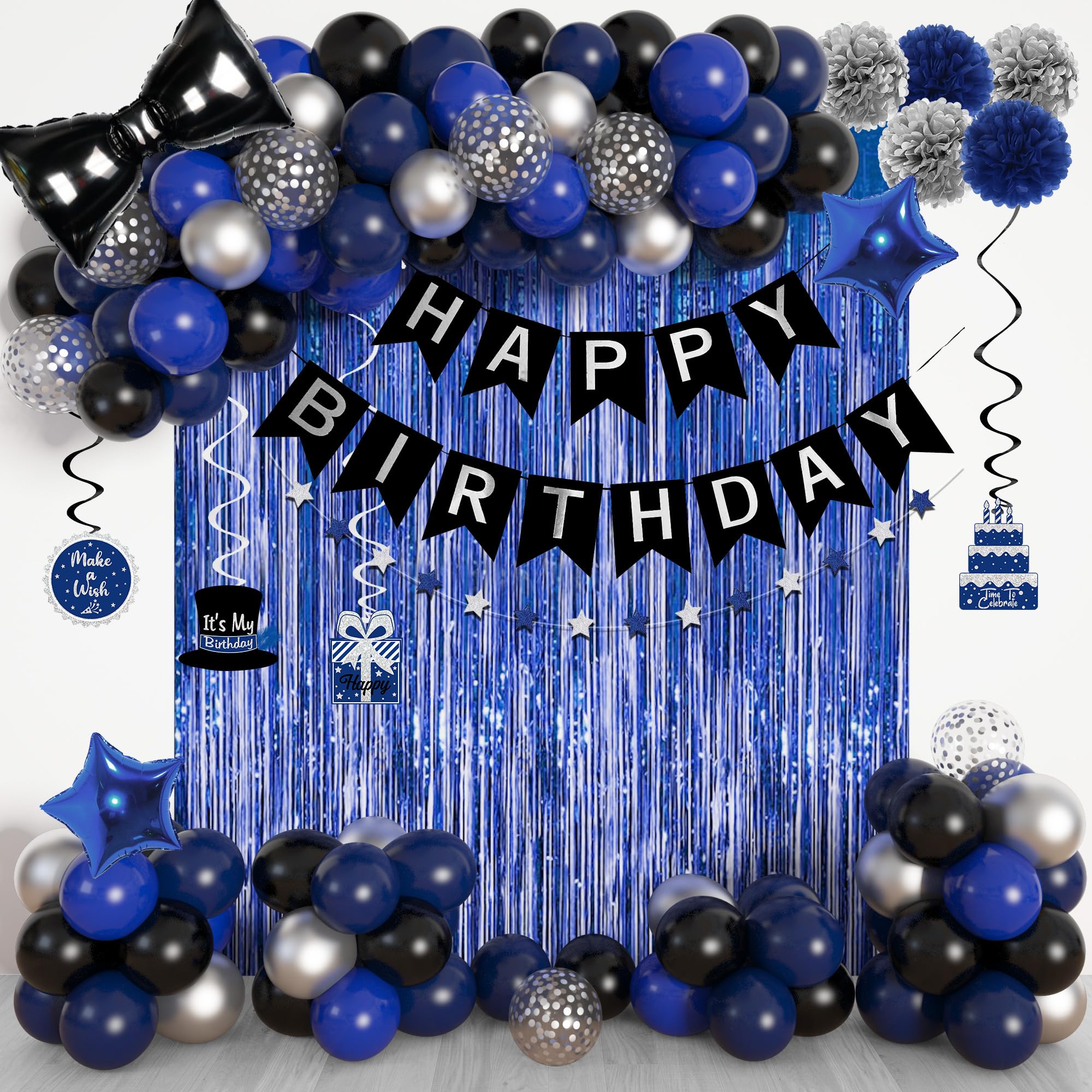 Ouddy Life Blue and Black Birthday Decorations for Men Boys, Navy Blue Black Sliver Confetti Balloon Happy Birthday Banner Fringe Curtain Hanging Swirl Graduation Baby Shower Engagement Party Supplies