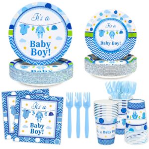 dylives blue baby shower decorations, it's a baby boy paper plates and napkins cups forks disposable tableware for gender reveal party supplies, sweet baby boy shower birthday party favors, serve 24