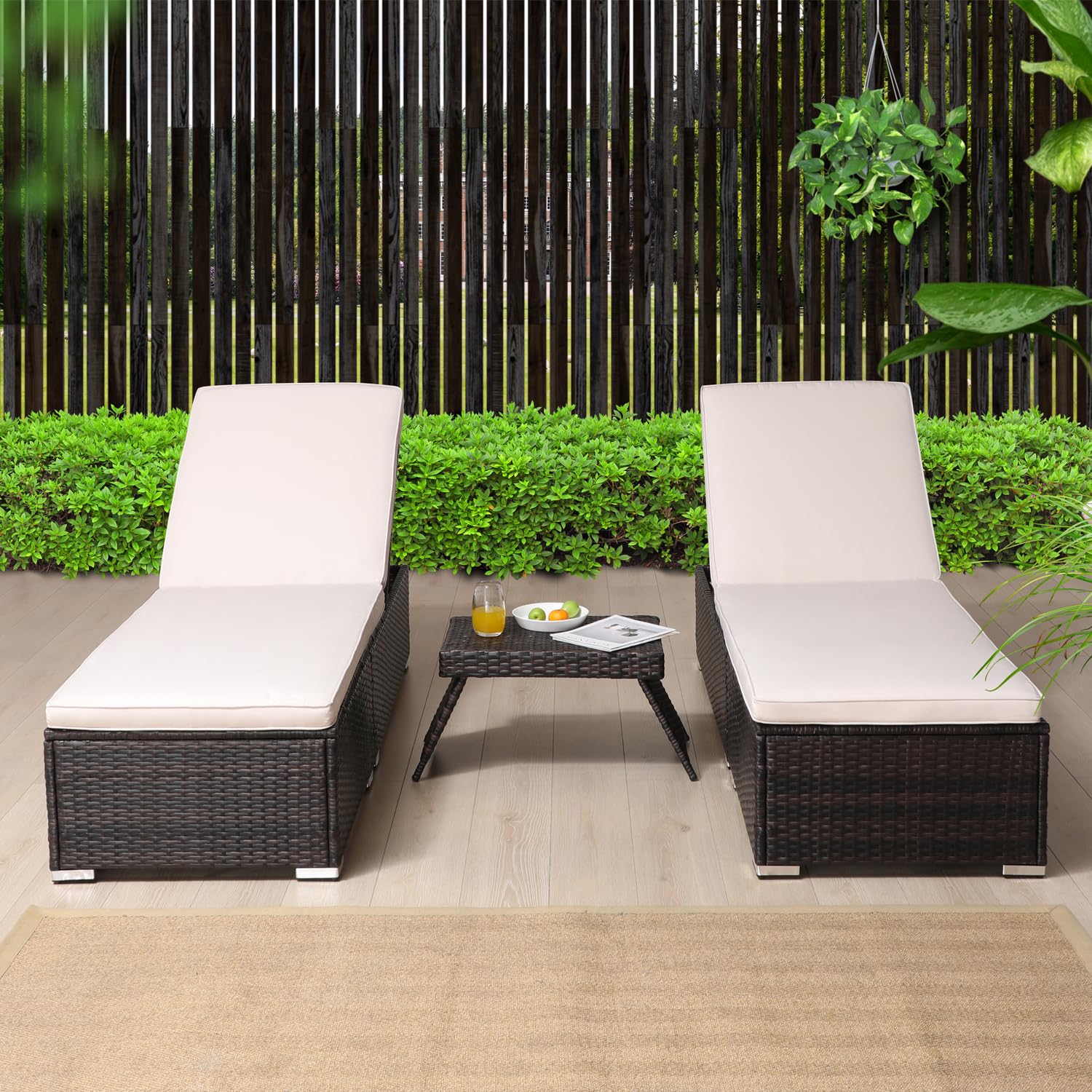 Asifom Outside Patio Adjustable Chaise Lounge and Side Table, Outdoor Wicker Lounge Chairs with Coffee Table, Folding Chaise Lounger with Cushions and Table for Poolside Deck Lawn Beach Yard Pool