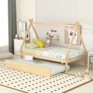 lostcat twin bed with trundle, twin size tent floor bed, teepee bed for kids teens girls boys, wood montessori bed with slat support, easy assembly, natural