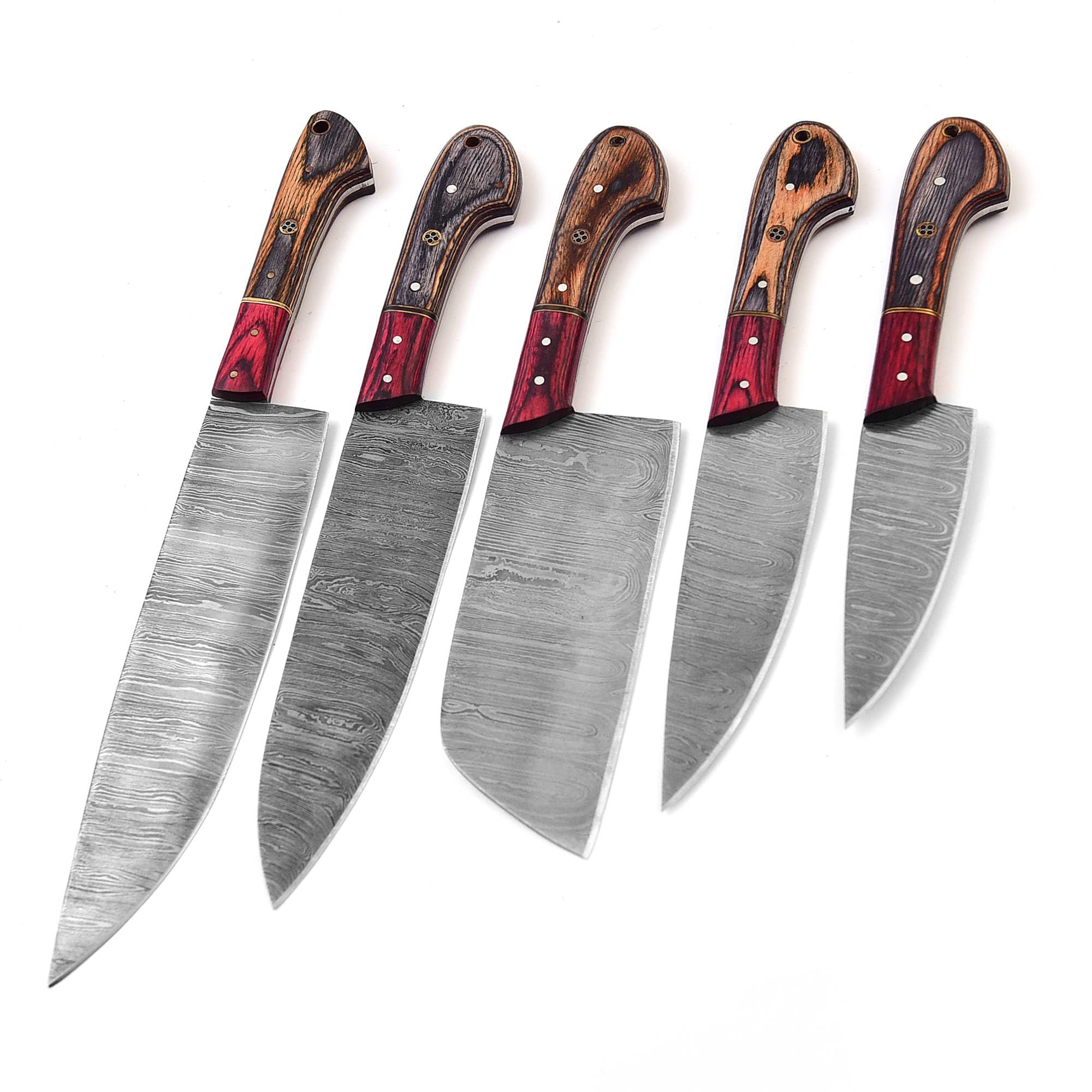 LEONA CRAFT® Custom Handmade Damascus Steel Chef Set Kitchen Knives with Leather Pouch 5 PCS Poplar Home Professional Knife Without Block Cool Blade Wood Handle Utensils Tops Tools Paring Knifes (010)