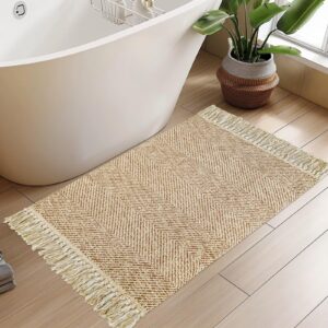 small bathroom rug, 2'x 3' boho entryway rug washable cotton woven front door mat with tassels, low pile reversible kitchen rugs soft tan throw rug farmhouse carpet for indoor entry décor