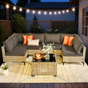 caodoc 7-piece wicker patio furniture set, boho outdoor conversation set sectional sofa with water resistant beige thick cushions and coffee table