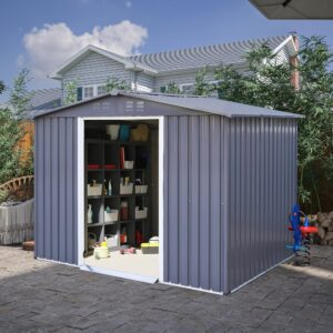 Outdoor Storage Shed 8 x 6 FT Lockable Metal Garden Shed Steel Anti-Corrosion Tool Shed Storage House with Sliding Door & Air Vent for Backyard Patio Lawn (Dark Grey)