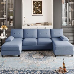 Shintenchi Sectional Couches for Living Room, U Shaped Sofa Couch with Double Chaise, 4-Seat Living Room Furniture Sets with Soft Cushion & Linen Fabric, Blue